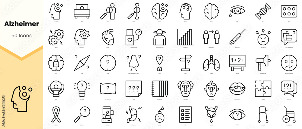 Set of alzheimer Icons. Simple line art style icons pack. Vector ...