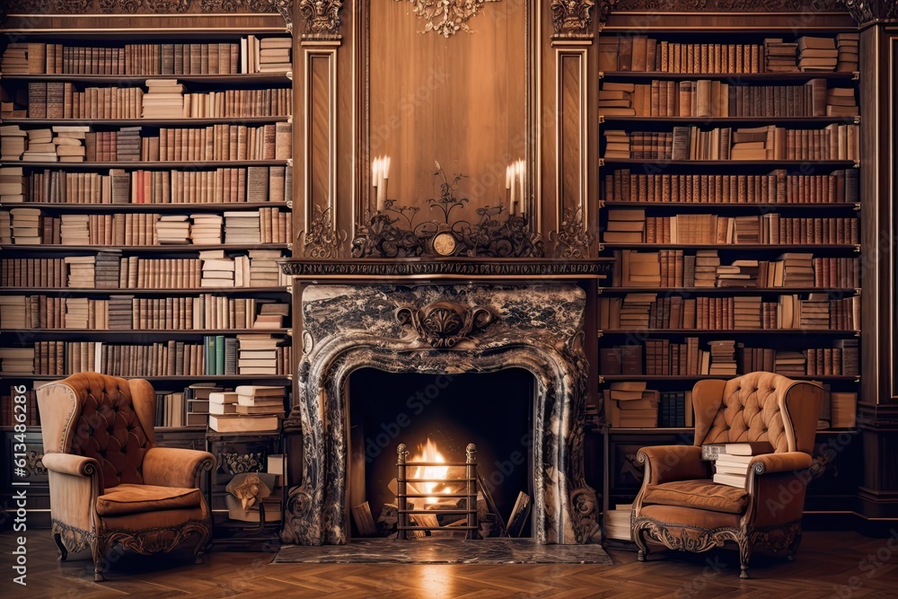 An Old English Library with Stacks of Books by a Classic Wood Fireplace ...