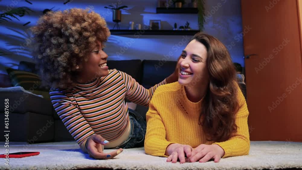 Happy Multiracial Lesbian Couple Looking Each Other Portrait Of
