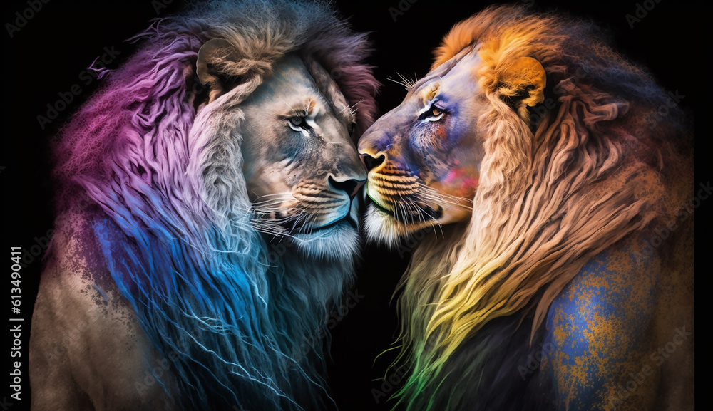 two lions in rainbow colors are Cuddling. llustration of a ...