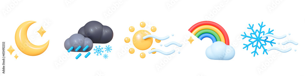 3D Weather set emoji icon. Clouds with rain, snow and rainbow. Crescent ...