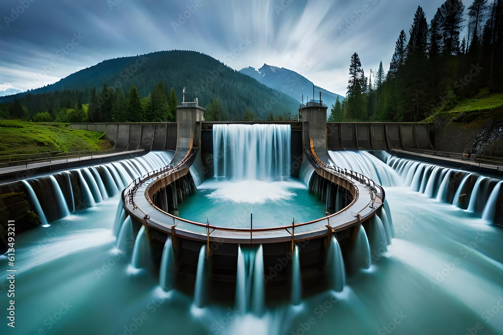 water flowing through a hydroelectric turbine, capturing the dynamic ...