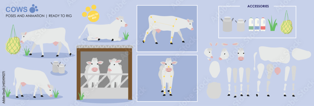 white cow ready to animate with multiple poses accessories. Vector file ...