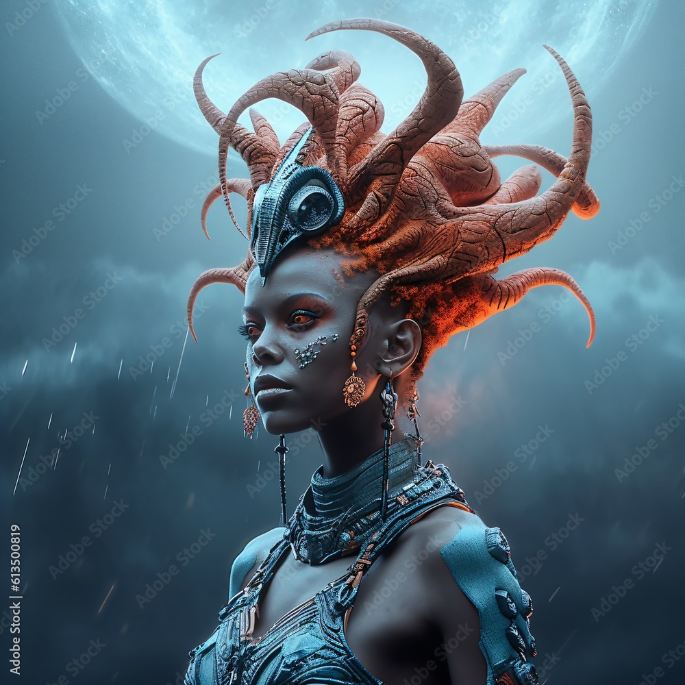 surreal female portrait with crazy alien headdress, fictional person ...