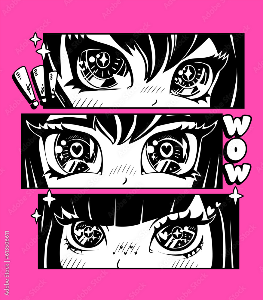 Anime girl print with Looking eyes, exclamation marks, word Wow. Kawaii ...