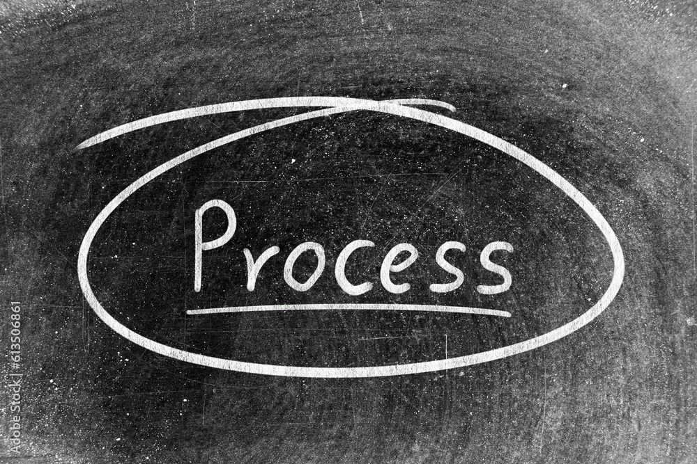 White chalk hand writing in word process and circle shape on blackboard ...