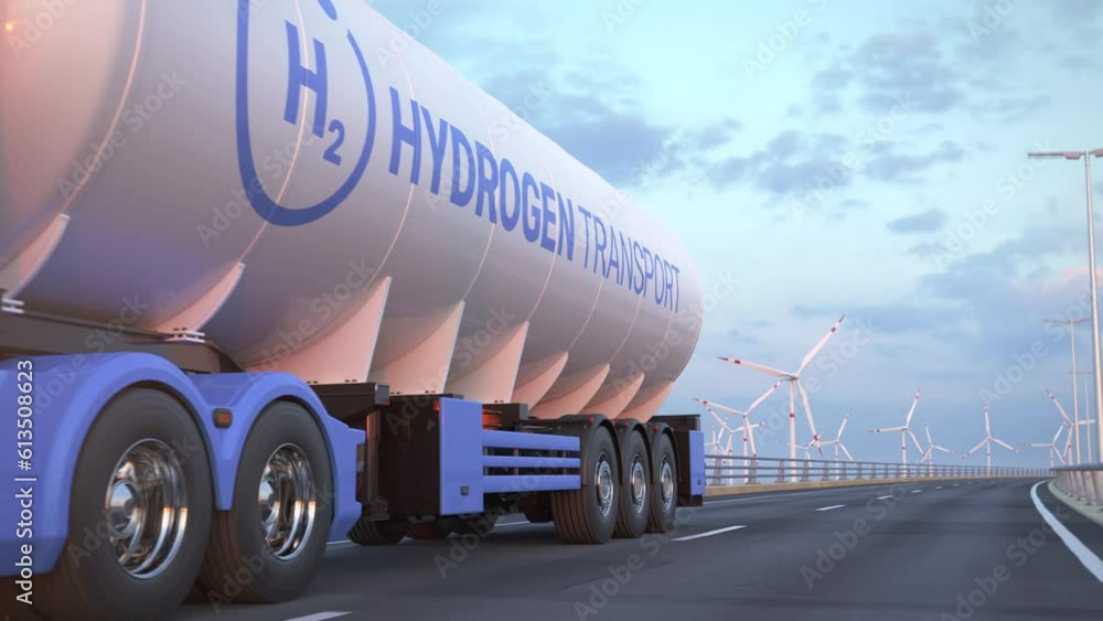 Generic electric semi truck with hydrogen tank trailer driving along a ...