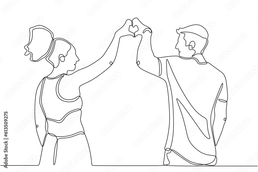 one line drawing of romantic couple relationship. Guy and girl make ...