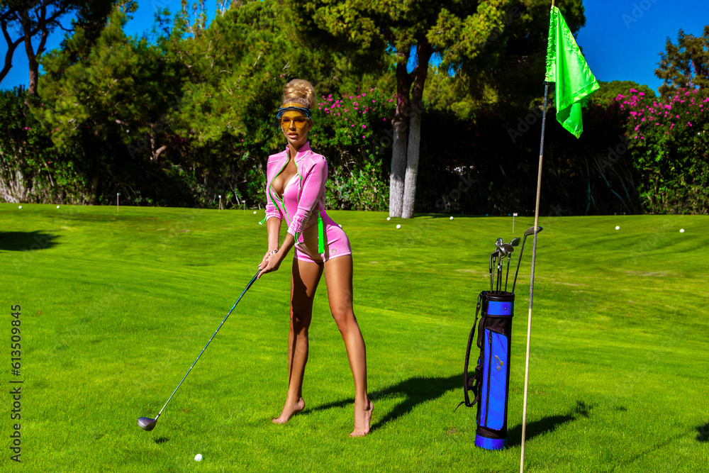 Sexy golfer. Beautiful hot and sexy female golf player posing seductively on golf course. Stock ...