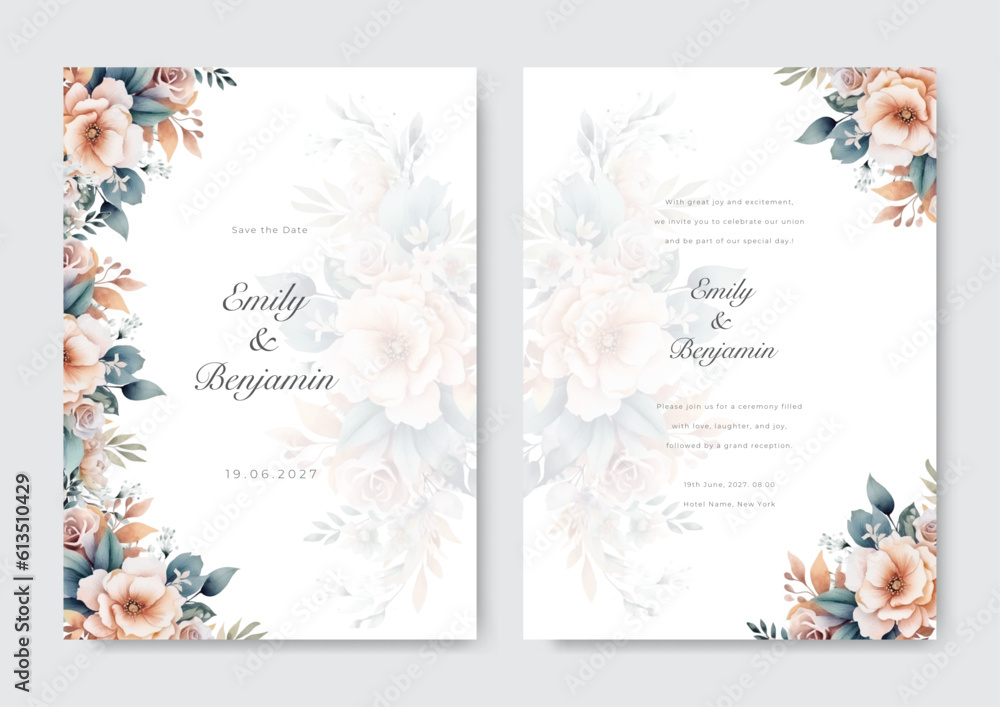 Corner of white flower arrangement on wedding invitation background ...