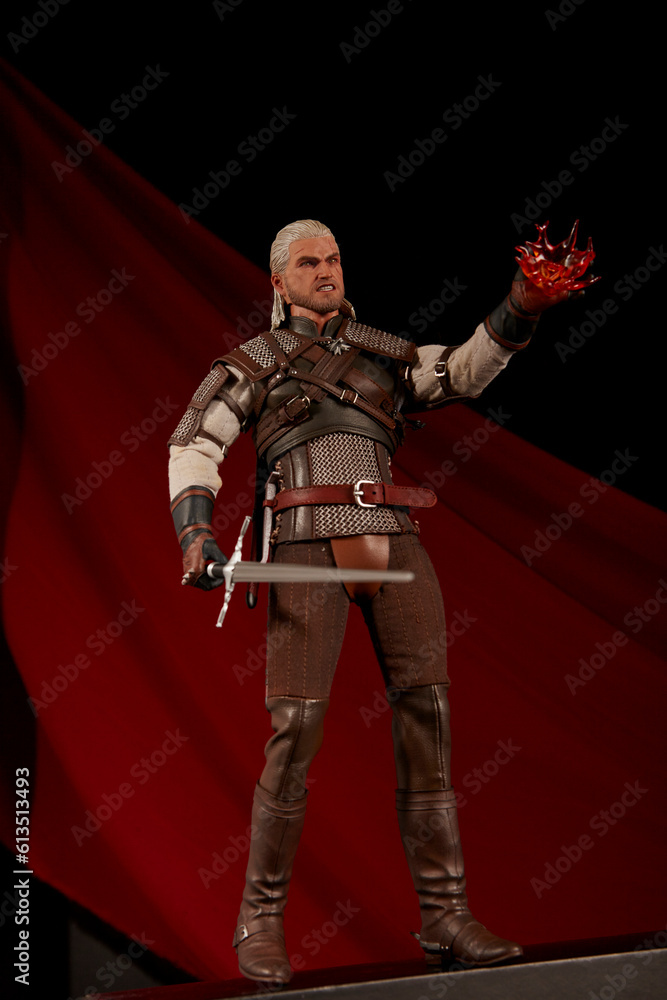 Udachnyy, Russia - June 15, 2023: The action figure of Geralt of Rivia ...