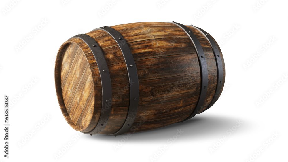 Wooden barrel lying down isolated on an empty background. 3D Rendering ...