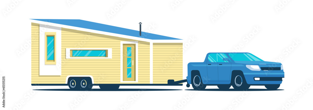 Pickup truck towing a tiny house on a wheeled chassis isolated. Vector ...