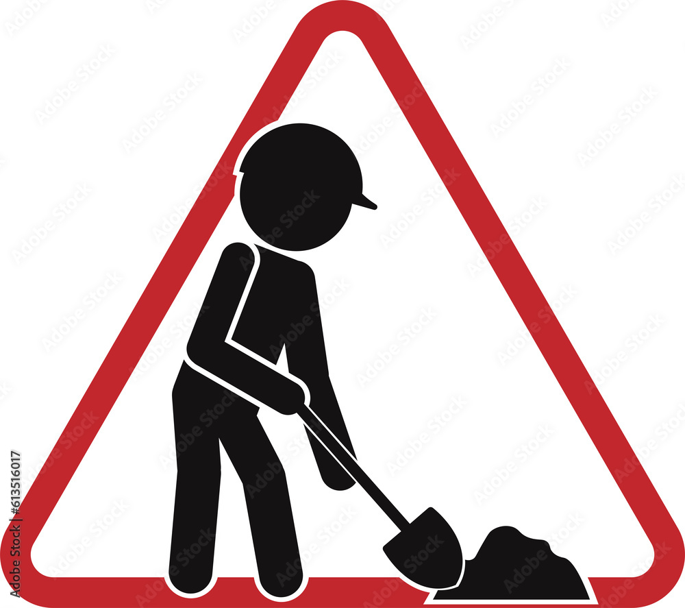 Isolated illustration of black red triangle safety sign man shovel dirt ...