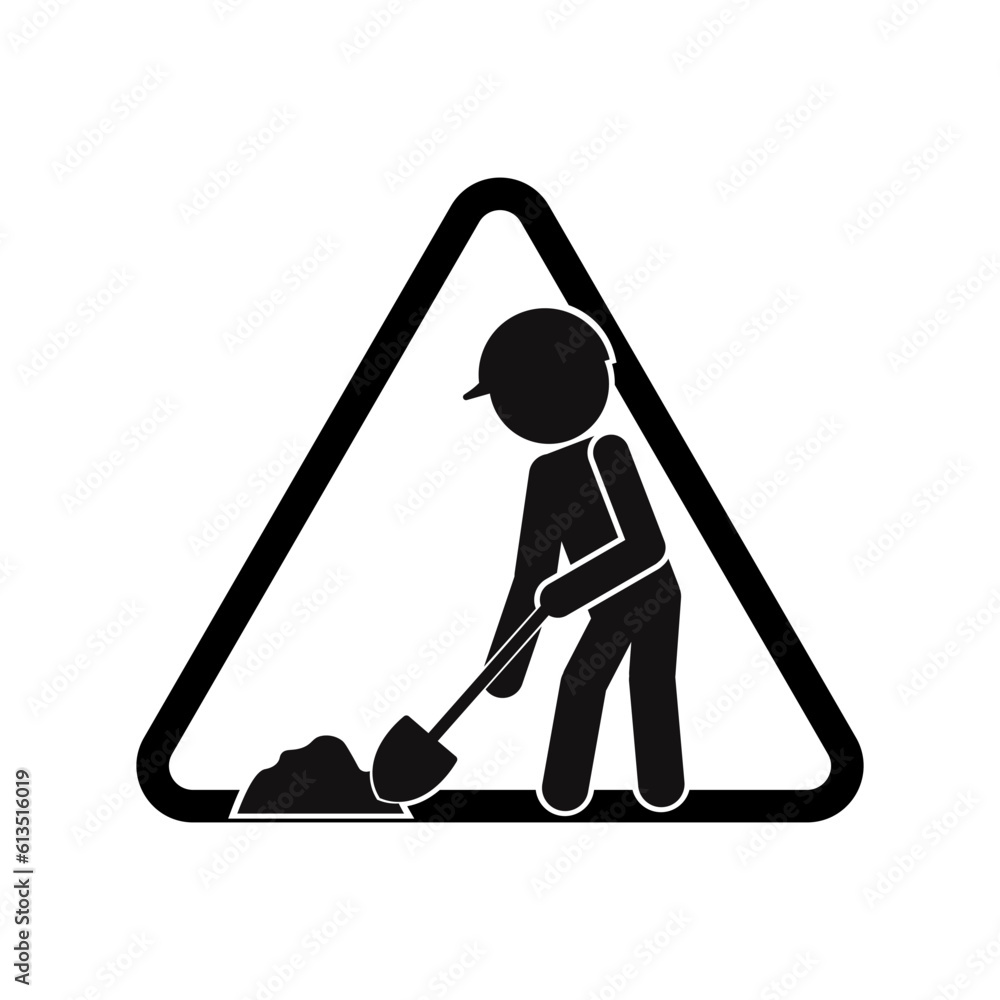 Isolated illustration of black triangle safety sign man shovel dirt ...