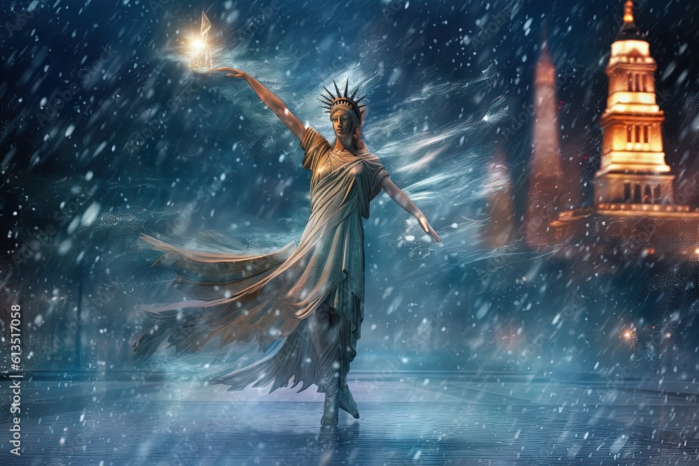 Statue of Liberty as a graceful figure skater, twirling on an icy stage ...