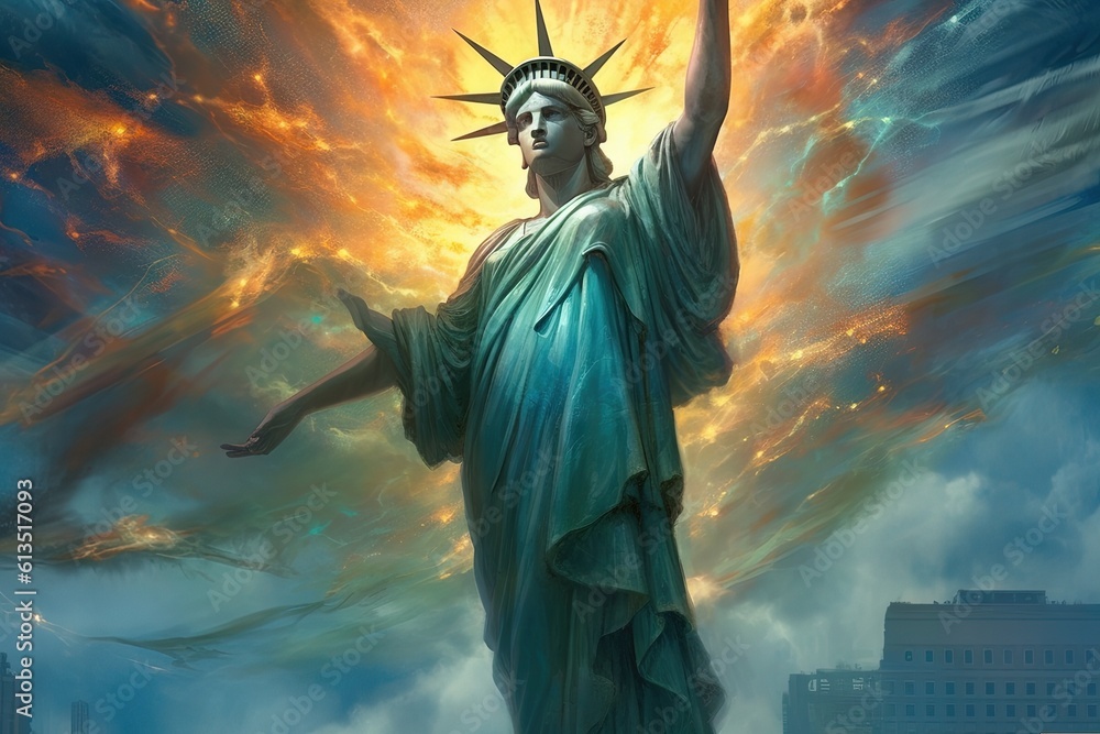 Statue of Liberty as a celestial guardian, her torch emitting a cosmic ...