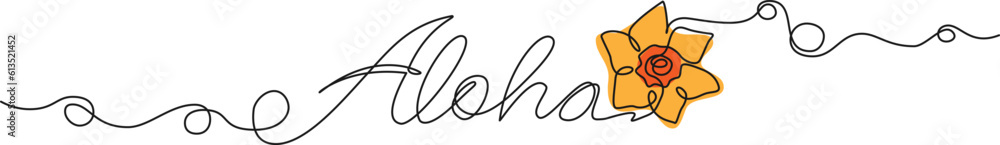 continuous single line drawing of word ALOHA with colorful flower, line ...