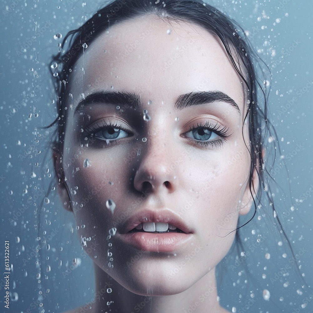 Portrait of young beautiful woman with water drops on her face. Blue ...