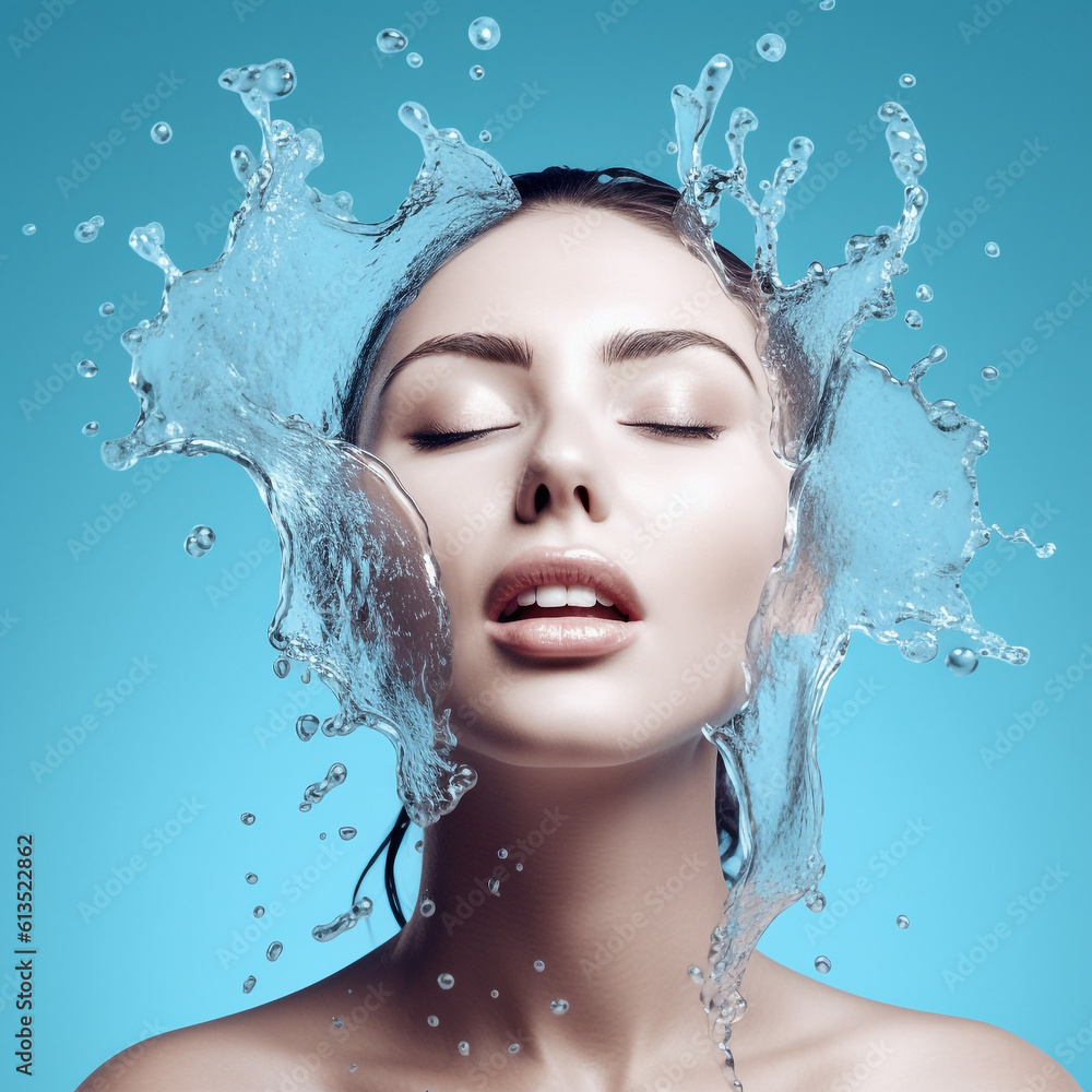 Beautiful young woman with water splash on her face. Blue background ...