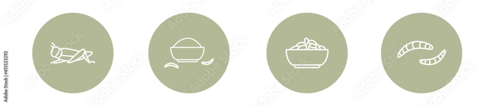 Insect nutrition modern circular icon set, cricket food concept, edible ...