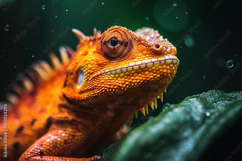 Vibrant Orange and Red Lizard with Black Spots on Leaf-Covered Branch ...