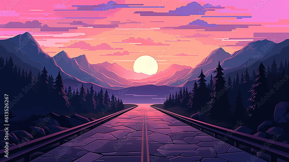 Aesthetic Lo-Fi highway between mountains. Purple color palette ...