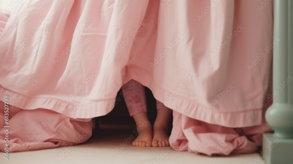 Kids child legs feet lying on pillows in bed at home. Child playing ...