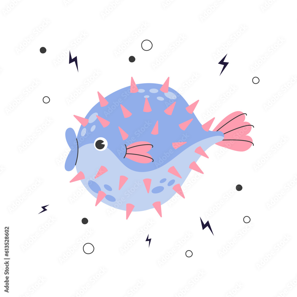Poster with cute marine purple puffer fish isolated on white background ...