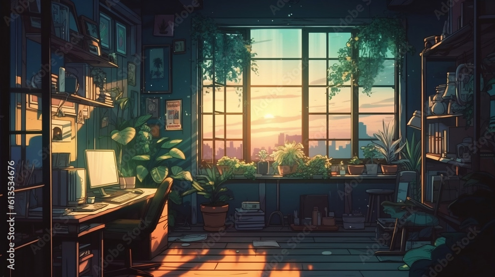Lofi empty interior. Messy desk, window view of a forest, jungle. Anime ...