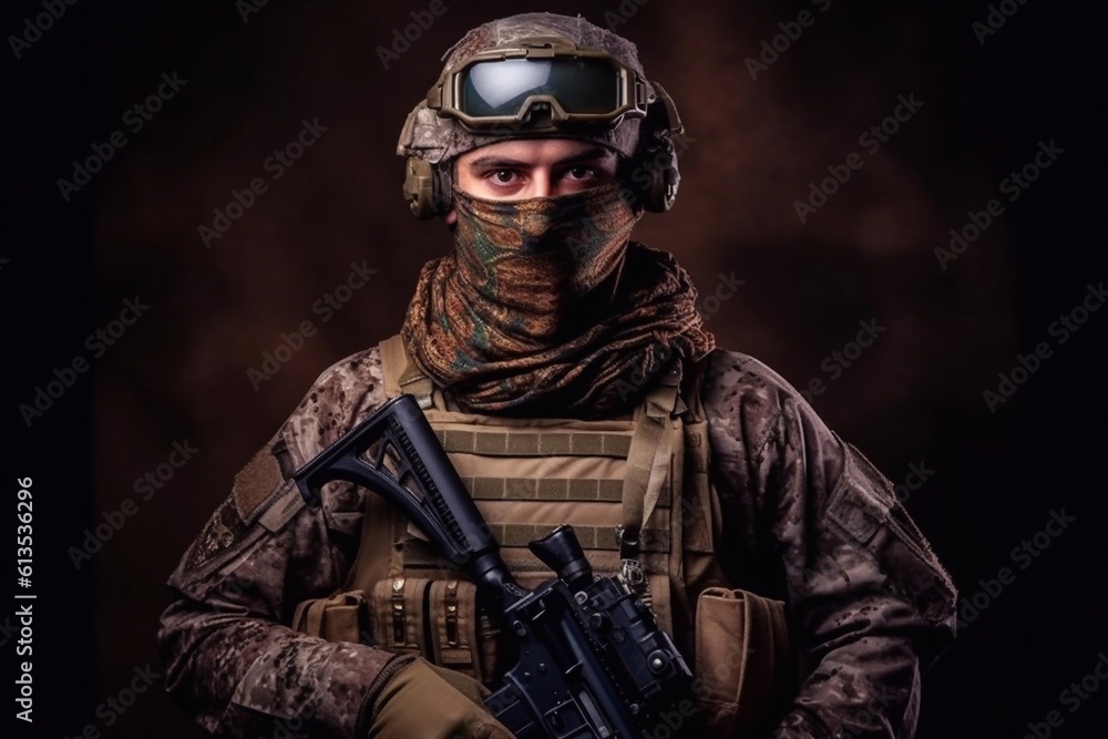 Military man in full equipment with wach on his hand is holding machine ...