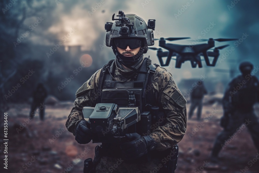 Military soldier controls drone for reconnaissance operation of enemy ...