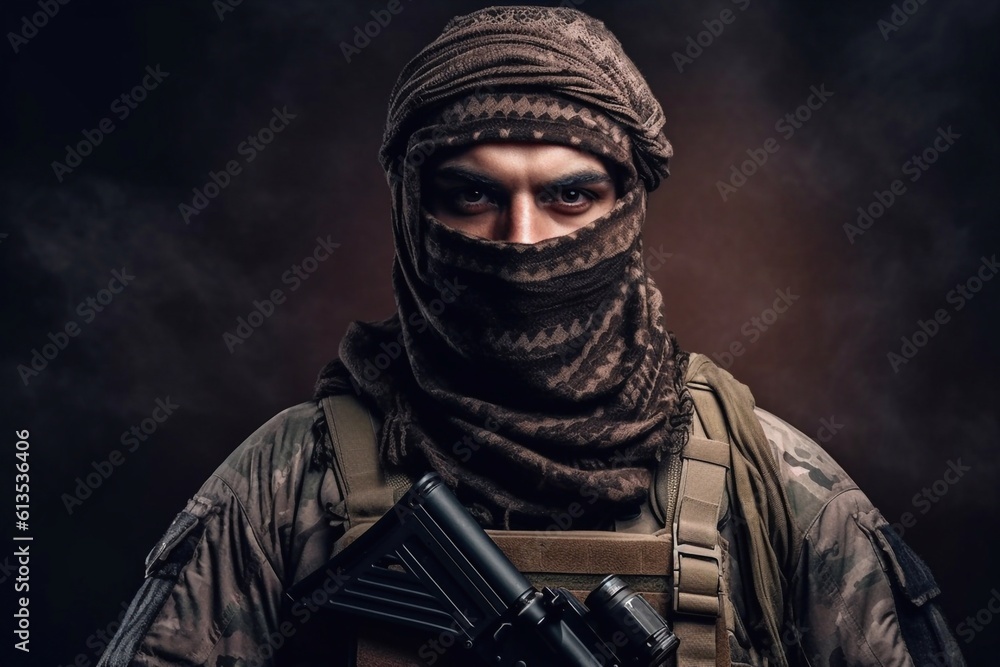 Military man in full equipment with wach on his hand is holding machine ...