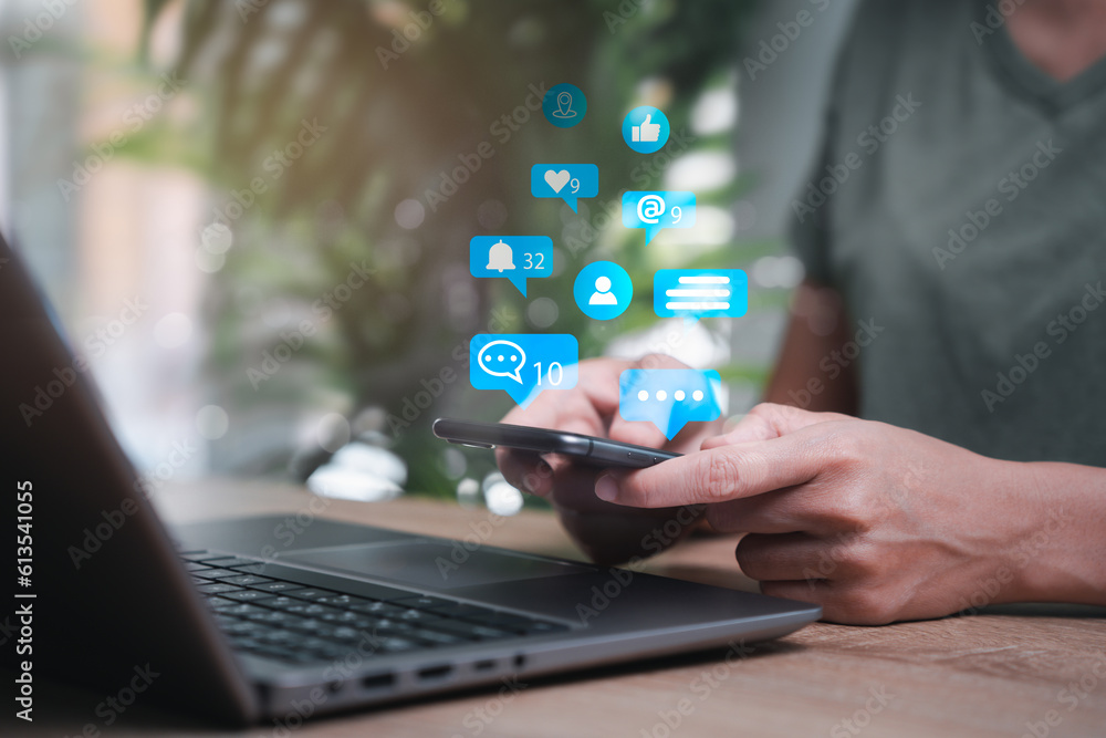 Social media marketing concept on virtual screen, Women use mobile ...