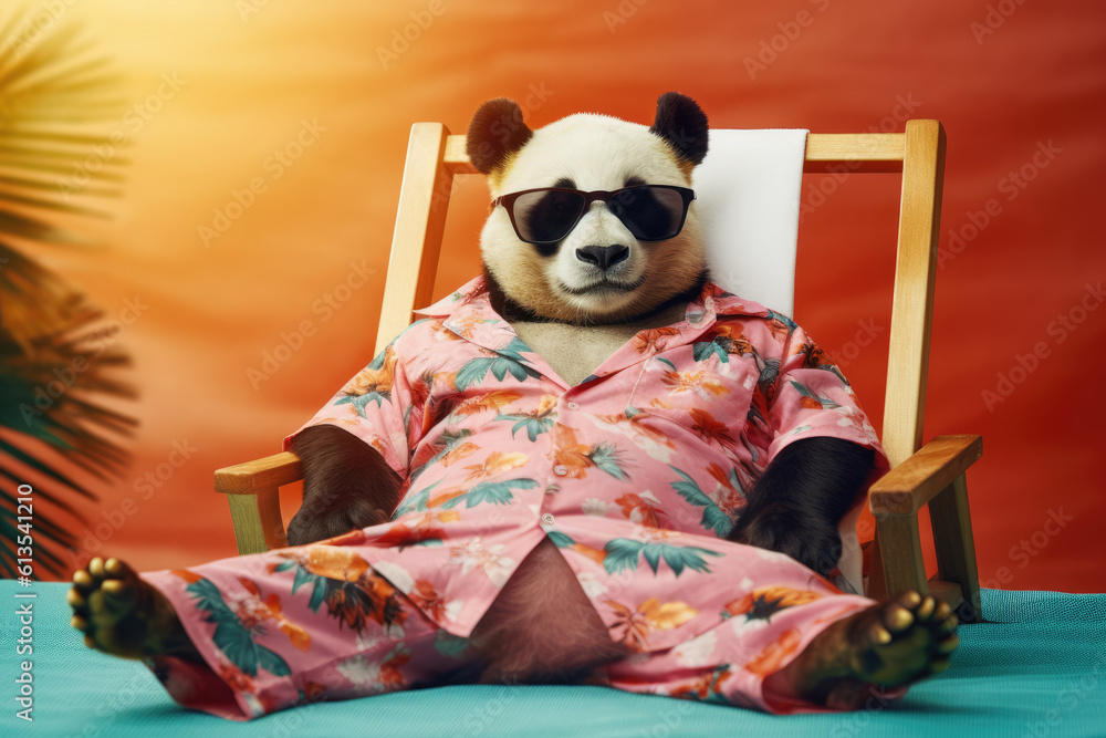 panda character sunbathing on deckchair in tropical summer vacation ...
