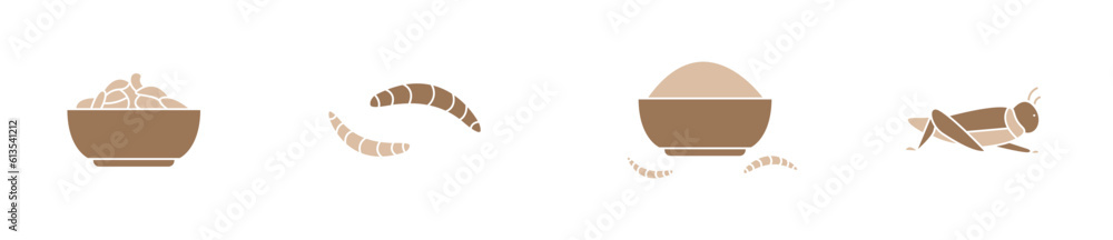 Edible grasshopper modern circular icon set, fried mealworms concept ...