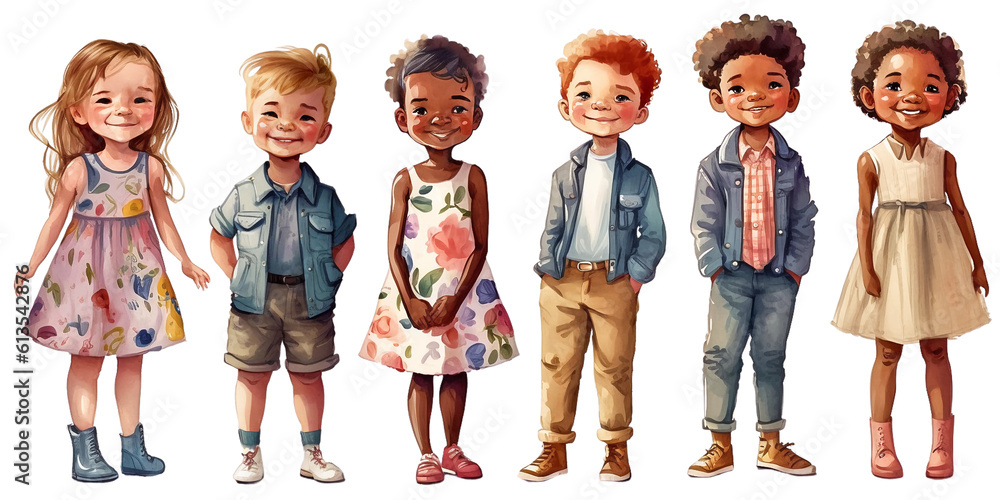 Set of cartoon smiling children standing in a row isolated on white ...