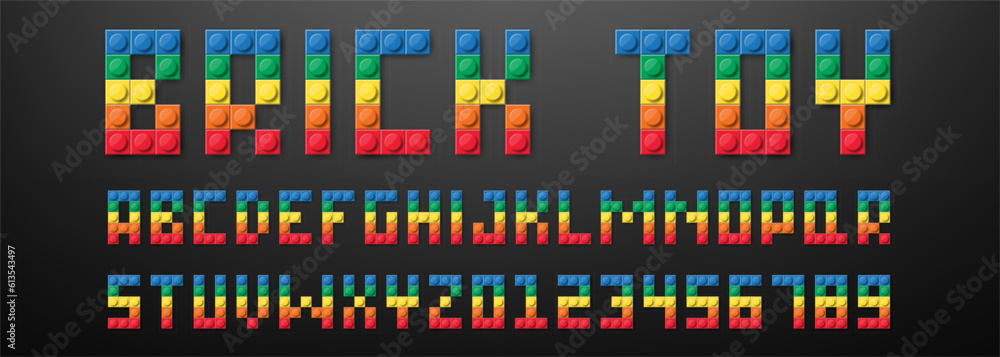 Alphabet from colorful brick block toy like Lego, Building brick font ...