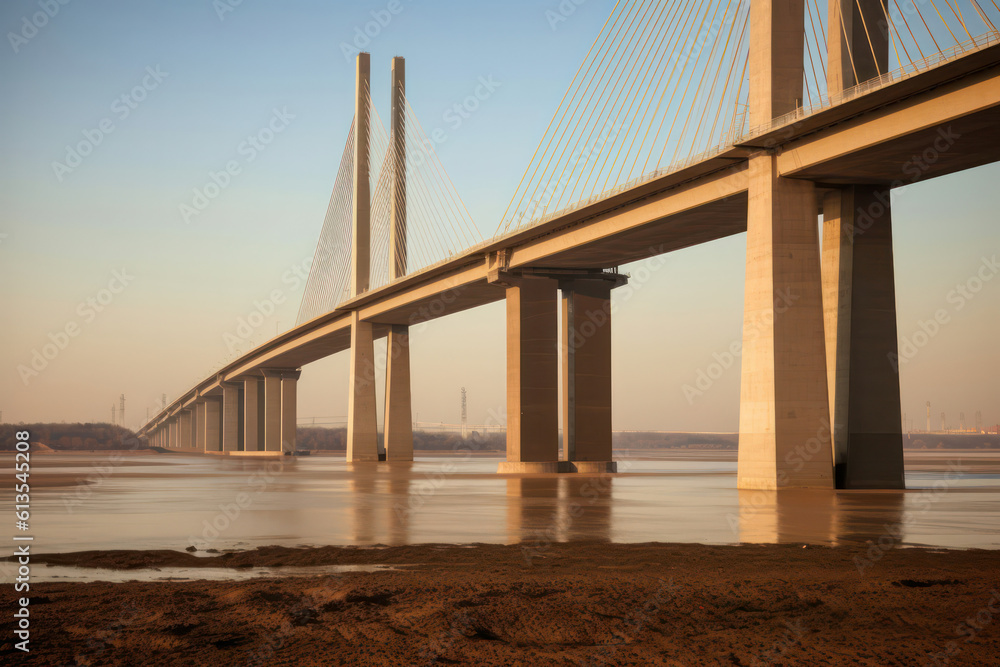 An iconic modern bridge spanning over a river, with sleek lines and ...