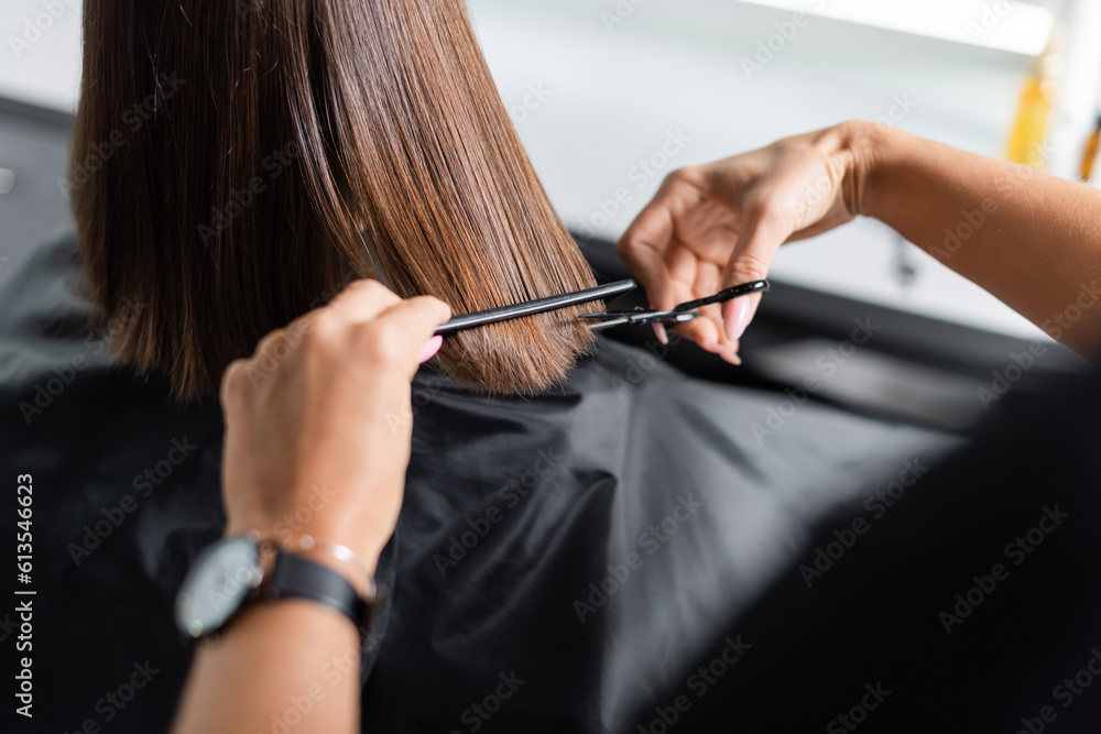 hairdo, cropped view of hairdresser cutting short brunette hair of ...