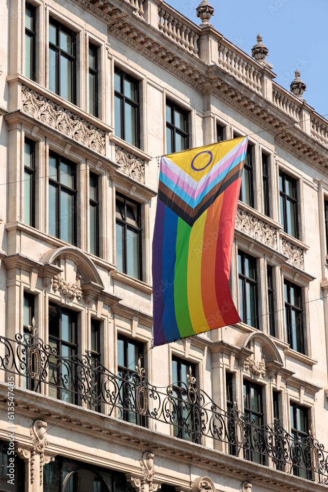 Pride rainbow coloured flag hanging over Regent Street in London for ...