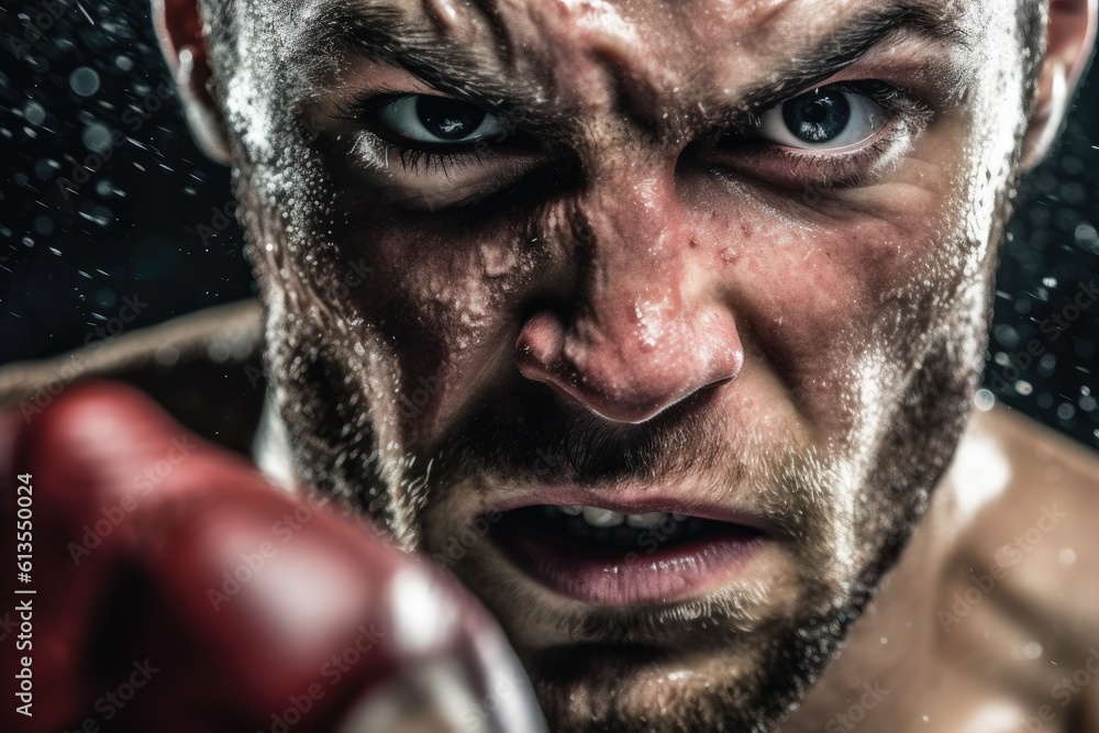 The intensity and concentration of a male boxer as he throws a powerful ...