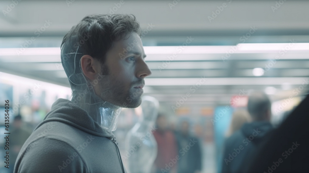 adult man 30s, man is half a robot, transhumanism and robot body parts ...