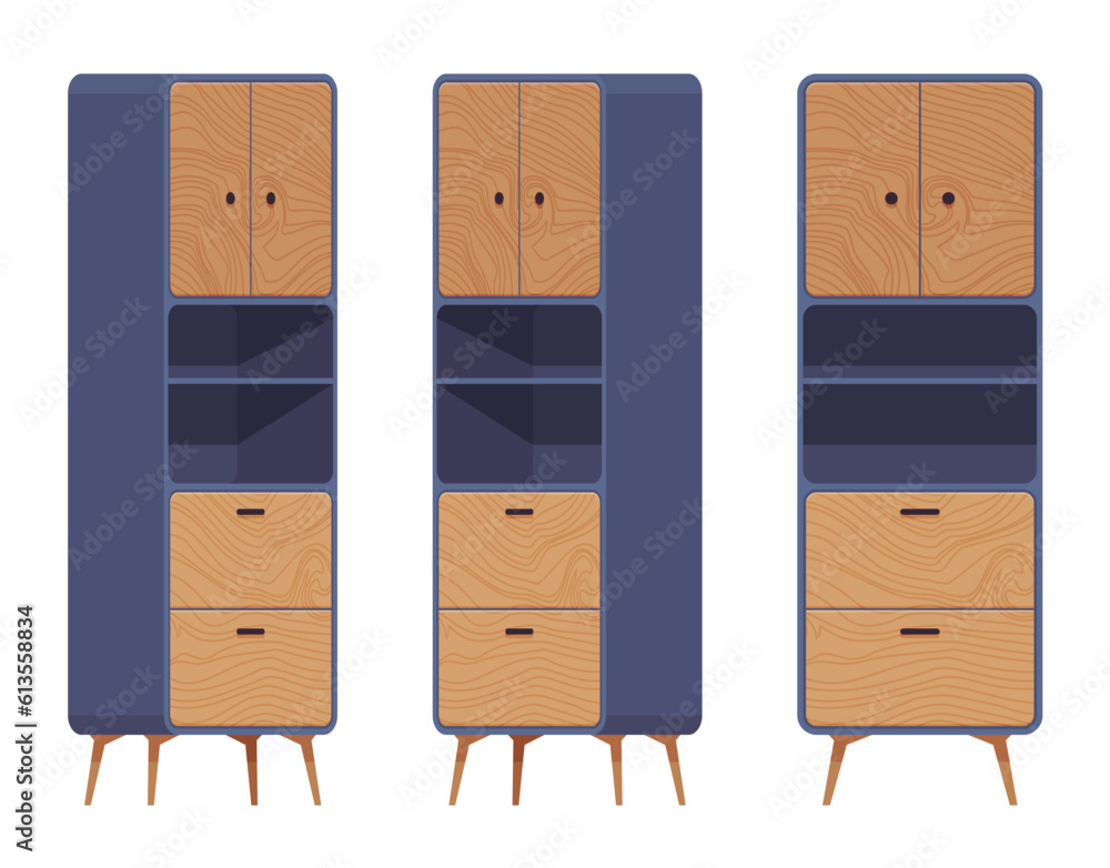 Cupboard furniture set, natural brown, blue. Functional kitchen buffet ...