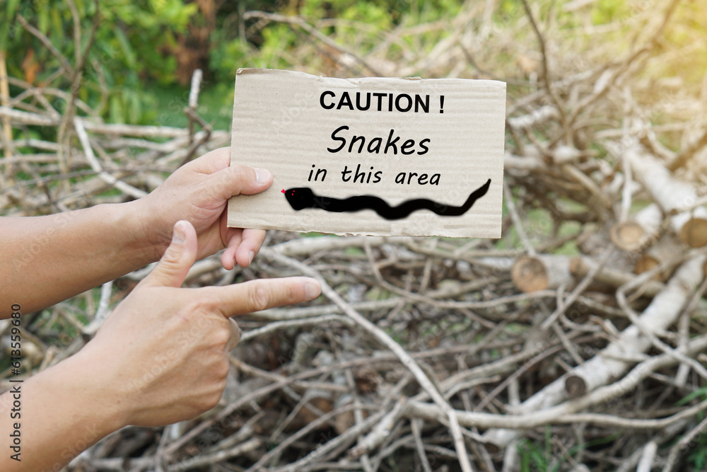 Close up hands holds paper card with words CAUTION ! Snakes in this ...