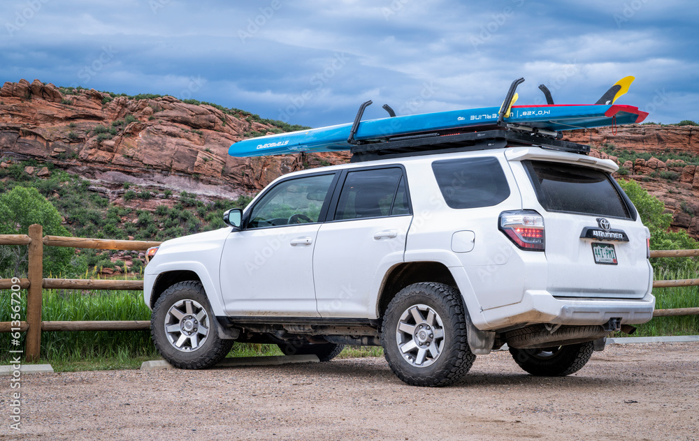 Fort Collins, CO, USA - May 15, 2023: Toyota 4Runner SUV with a touring ...