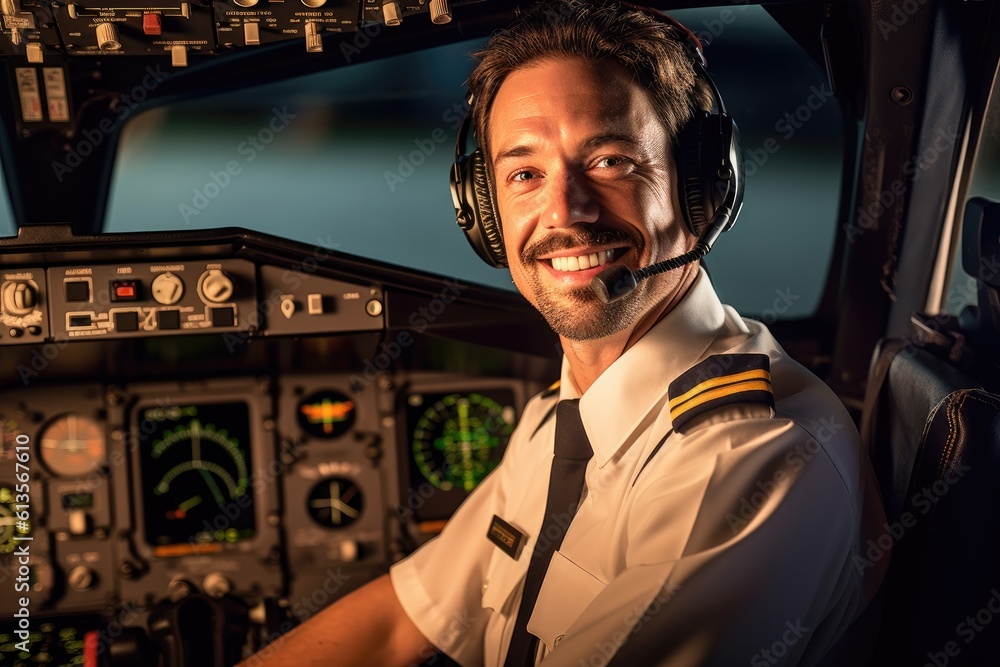 Environmental portrait of a pilot in the cockpit of an airplane, ready ...