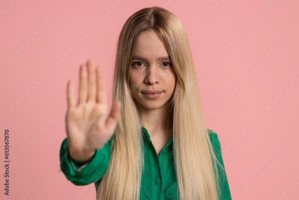 Angry woman say No hold palm folded crossed hands in stop gesture ...
