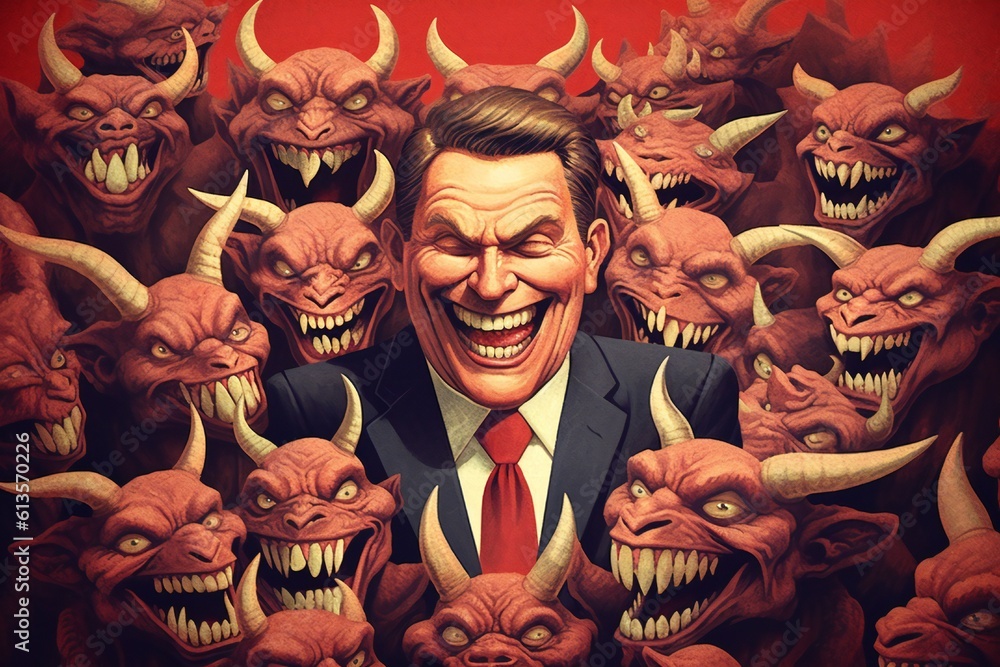 Bunch of greedy evil politics with devil like eyes and horns laughing ...
