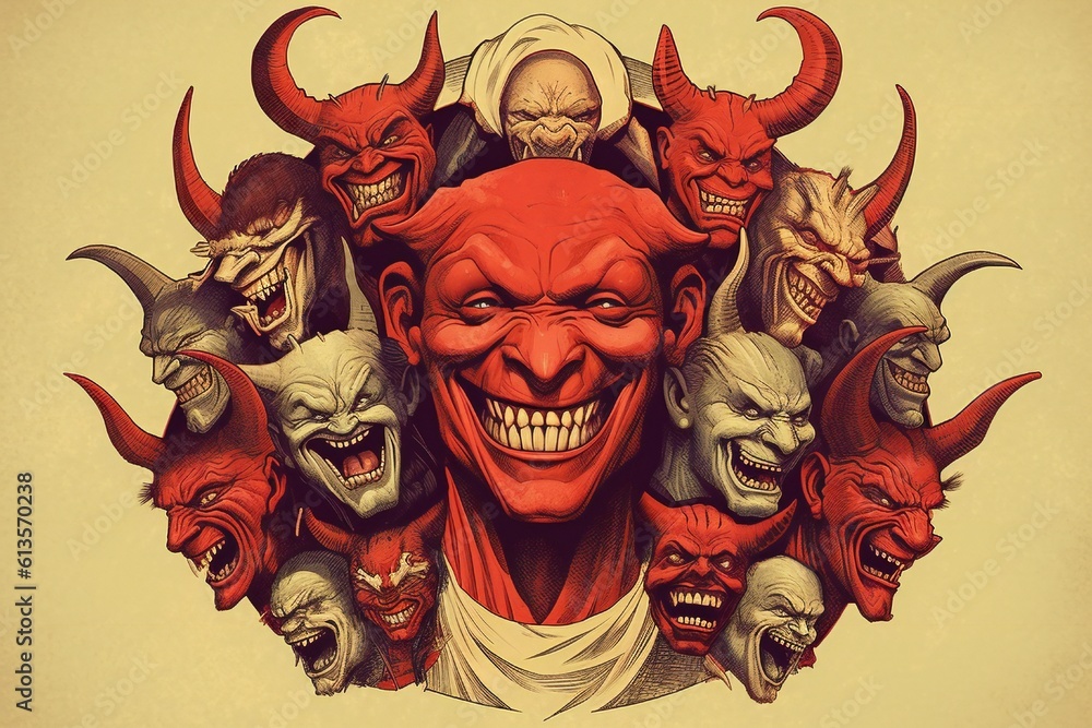Bunch of greedy evil politics with devil like eyes and horns laughing ...